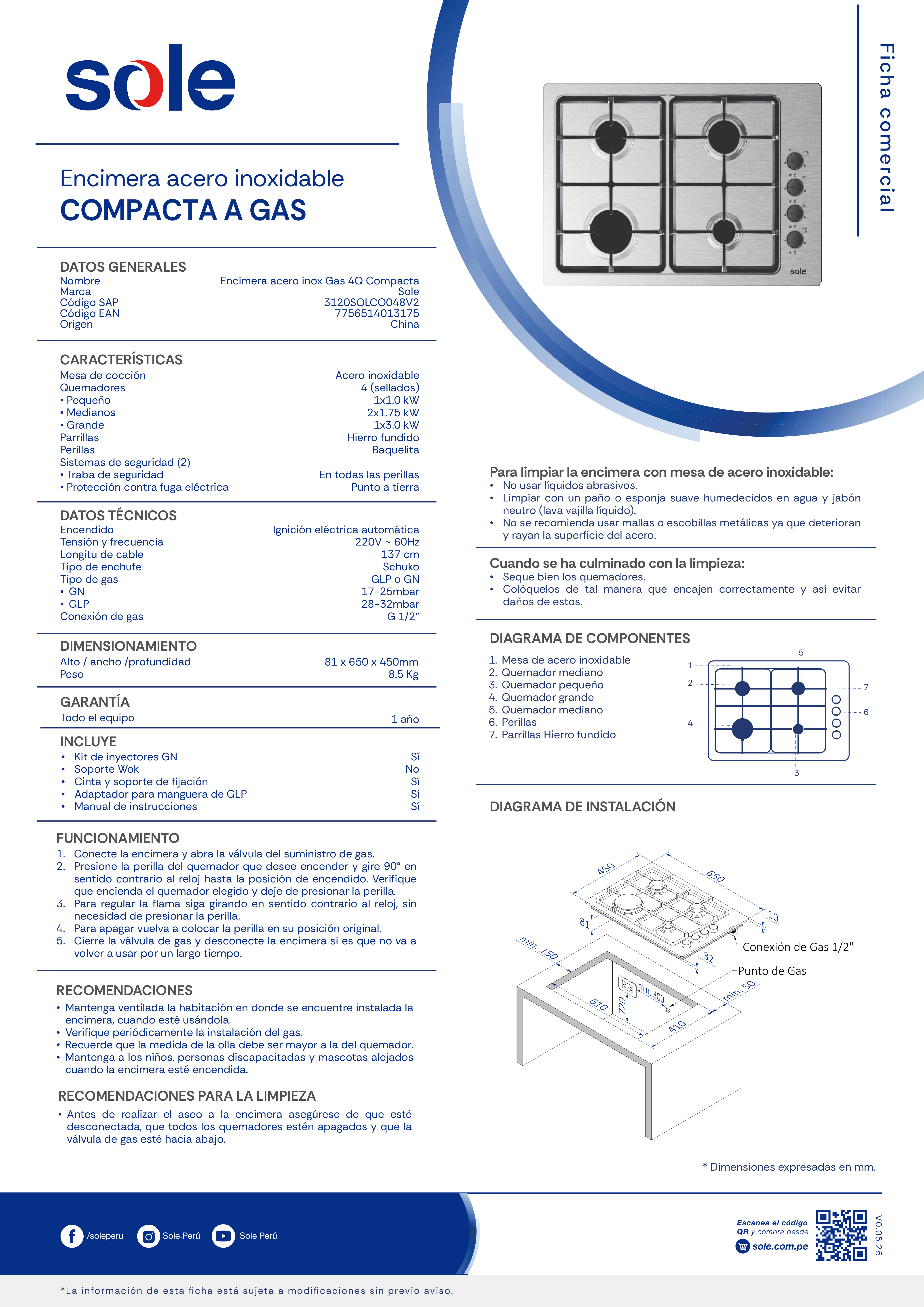 Encimera a gas acero inoxidable 65cm 4 quemadores 048